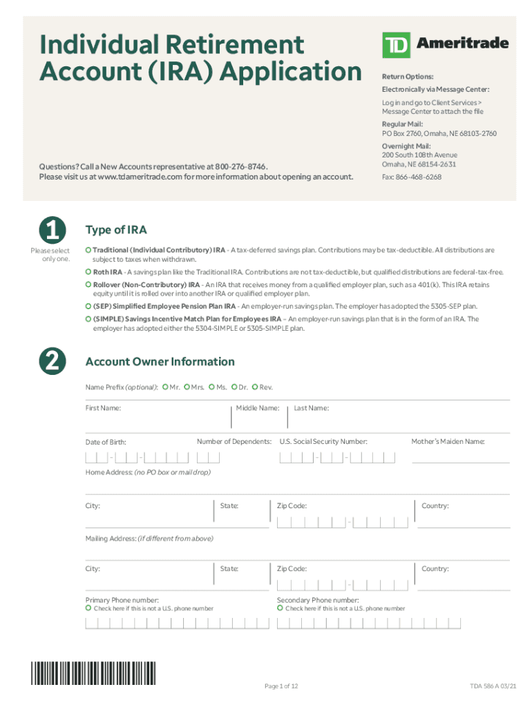 Fillable Online www.tdameritrade.comformsTDA586Individual Retirement ...
