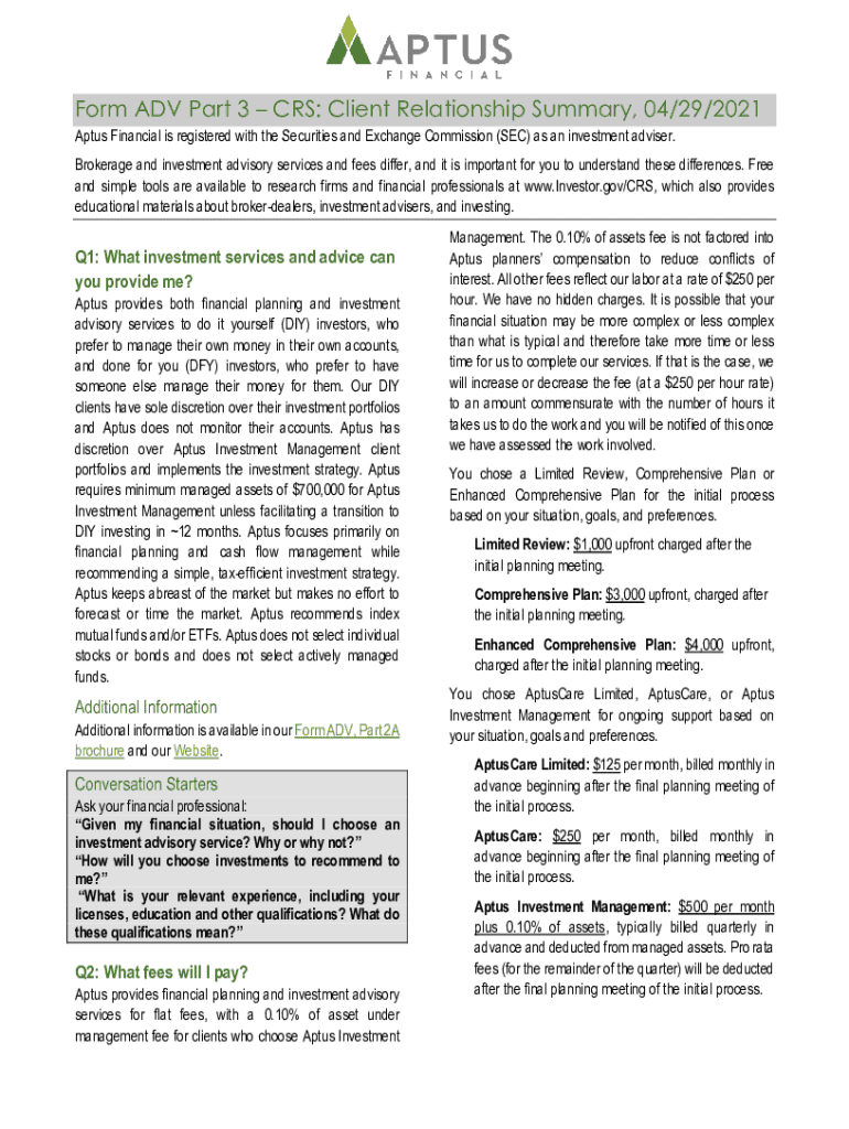 Fillable Online Form ADV Part 3 CRS: Client Relationship Summary, 04/29 ...