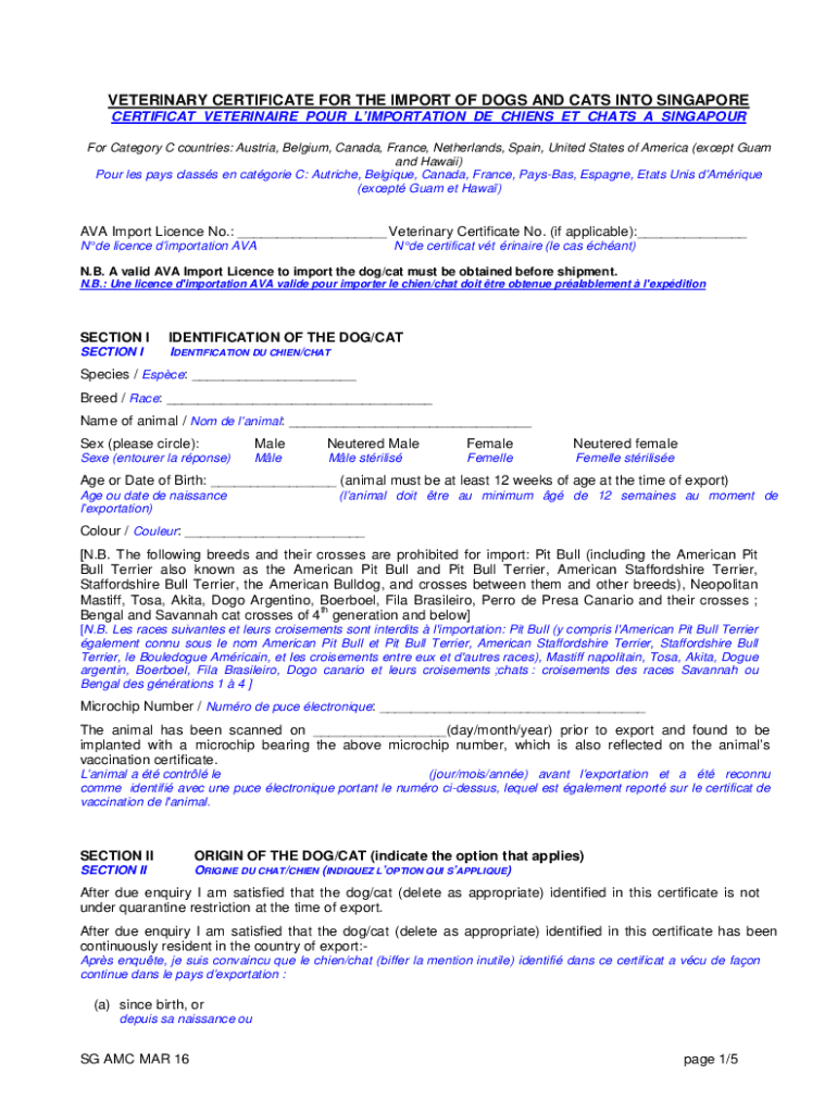Fillable Online VETERINARY CERTIFICATE FOR THE IMPORT OF DOGS AND CATS ...