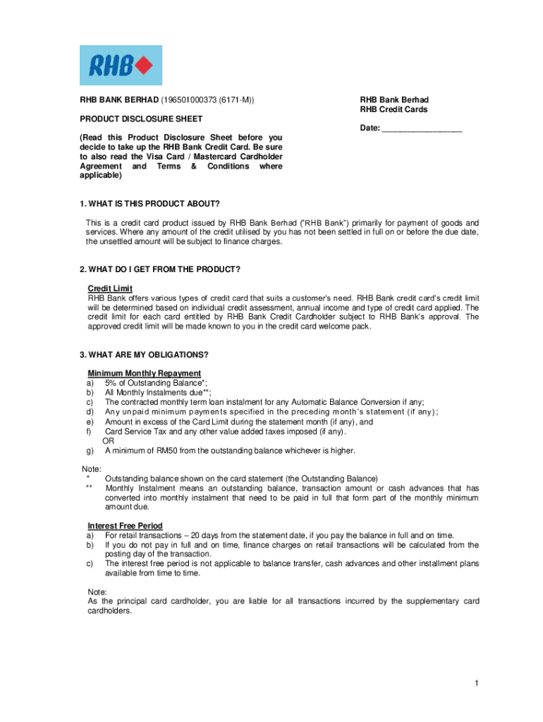 Fillable Online PRODUCT DISCLOSURE SHEET RHB Bank Berhad Registration ...