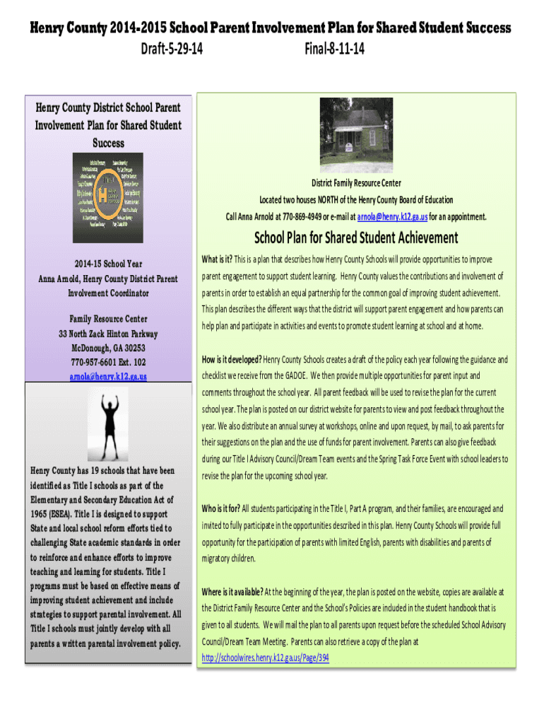 Fillable Online schoolwires henry k12 ga Henry County District and School HFCE Parent ...
