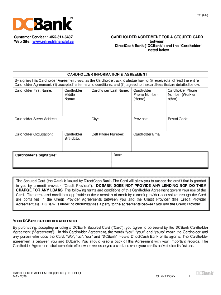 Fillable Online DC BANK TEMPLATE. CARDHOLDER AGREEMENT Fax Email Print - pdfFiller