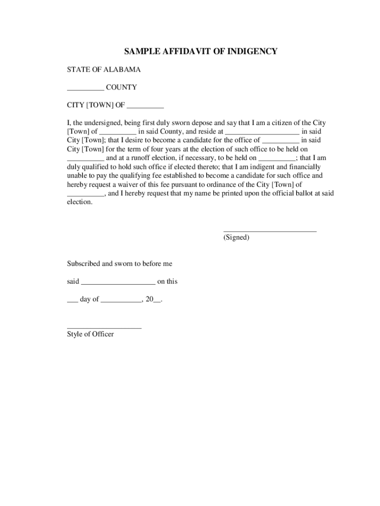 Fillable Online SAMPLE AFFIDAVIT OF INDIGENCY - Alabama League of ...