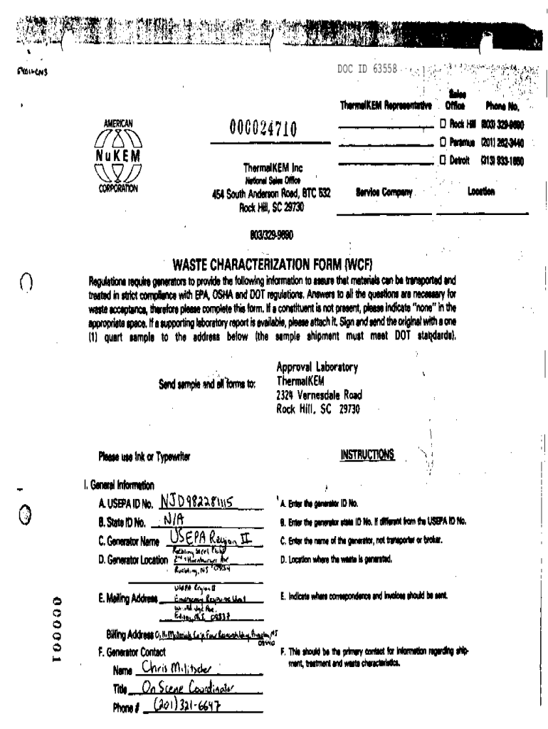 Fillable Online Waste Characterization Forms (WCFs), Drum. Region ID ...