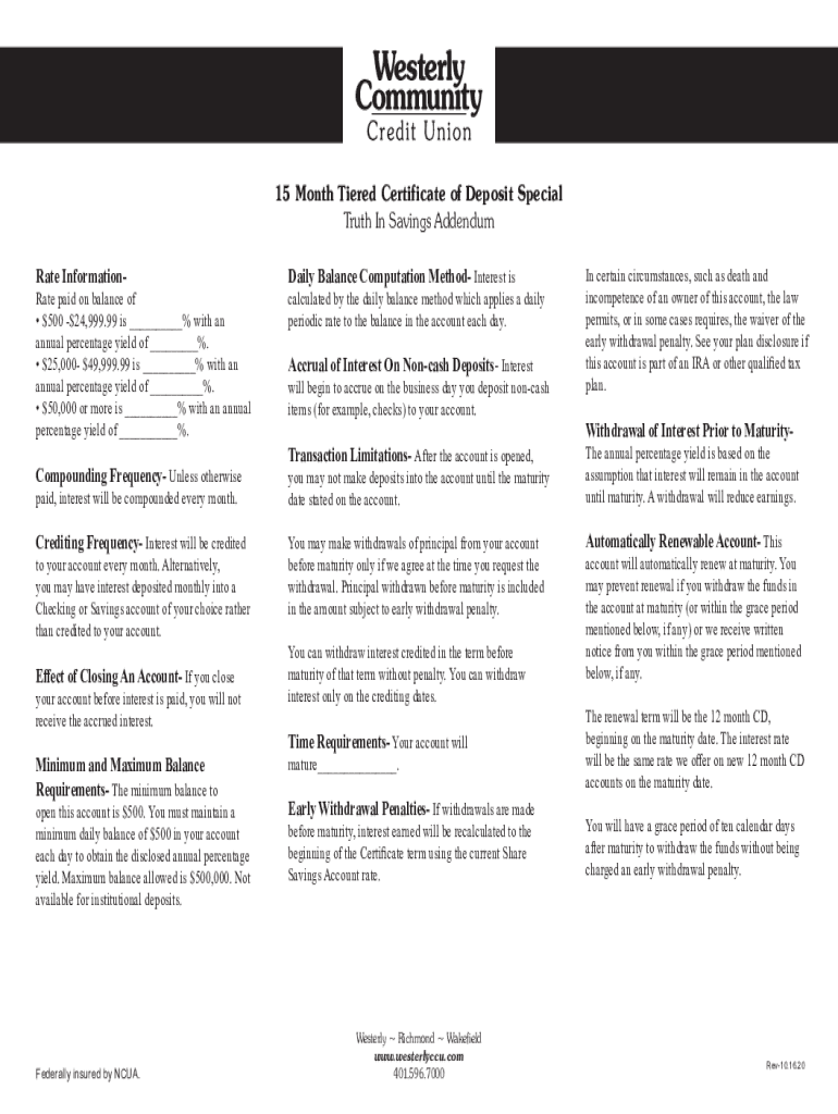 Fillable Online 15 Month Tiered Certificate of Deposit Special Truth In ...