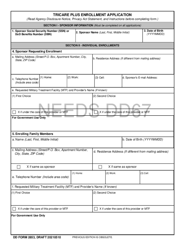 Fillable Online DD Form 2853 "TRICARE Plus Enrollment Application" Fax ...