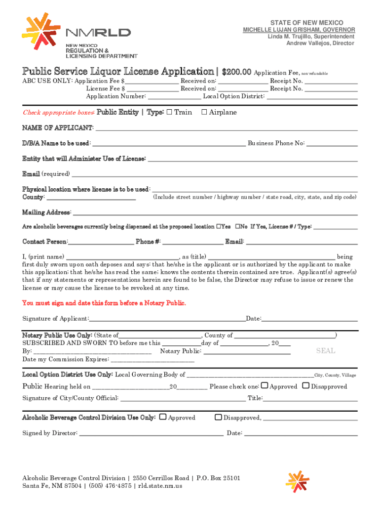 Fillable Online Public Service Liquor License Application $200 Fax ...