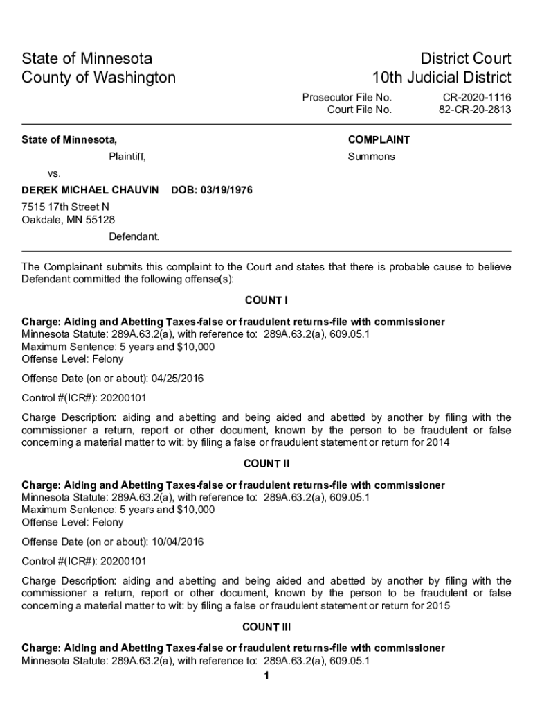 Fillable Online Minnesota State Court Complaint Template - Fill Online ...
