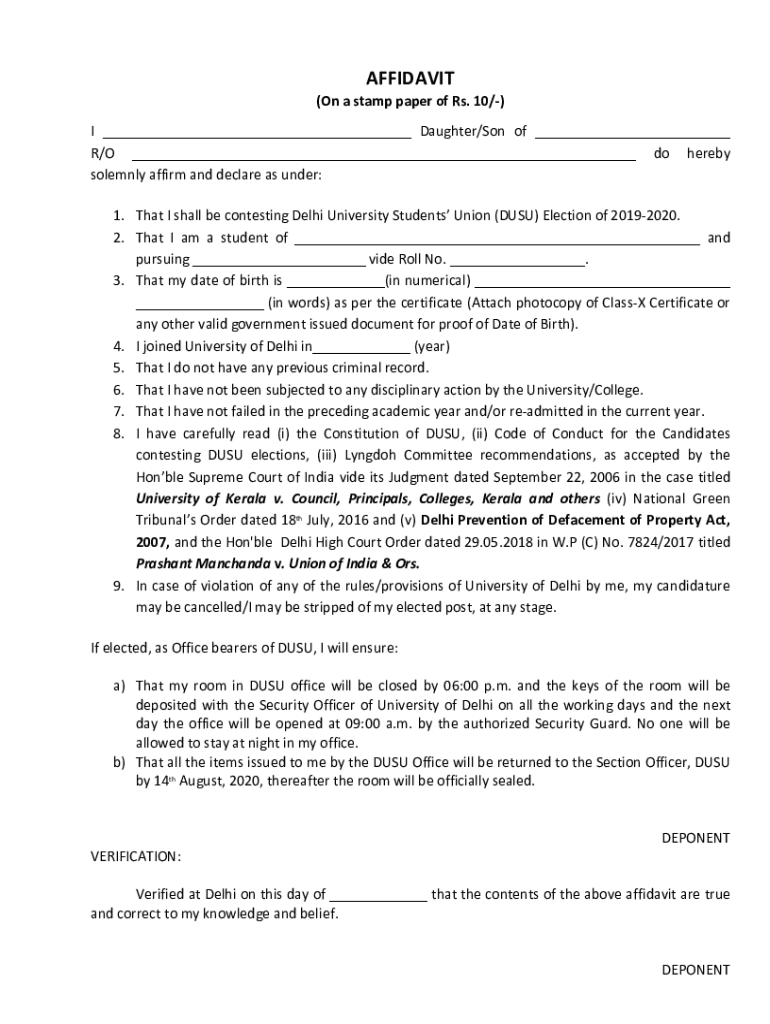 Fillable Online AFFIDAVIT BY THE STUDENT (On Rs.10/- STAMP PAPER) Fax ...
