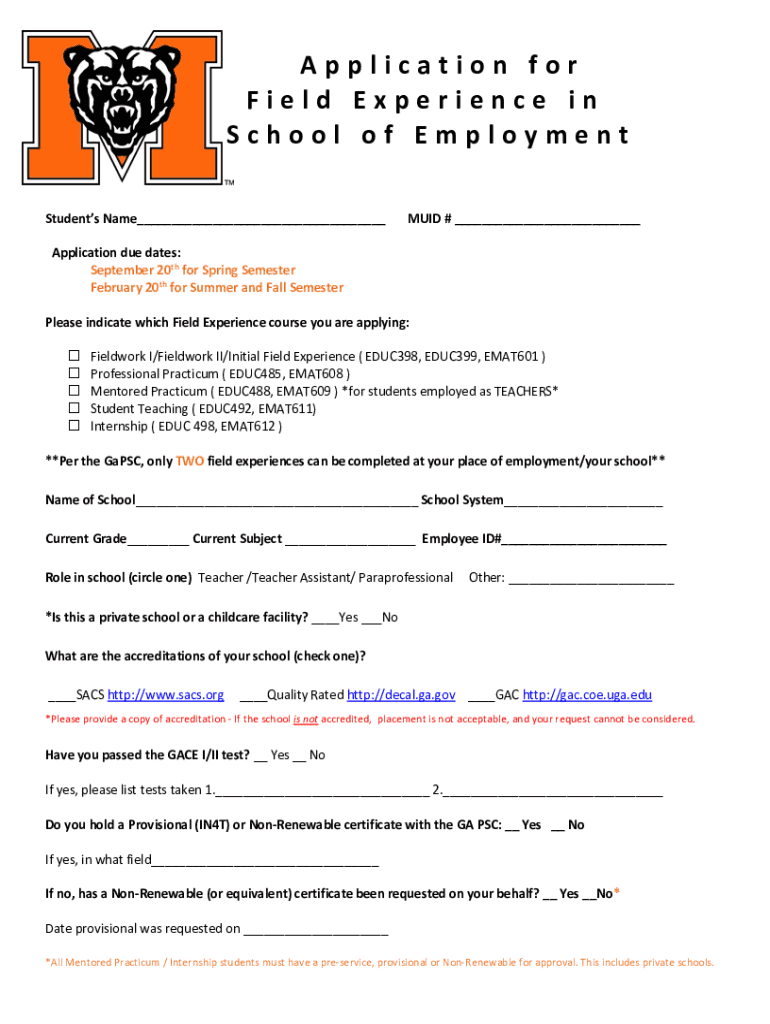 Fillable Online Application for Field Experience in School of ...
