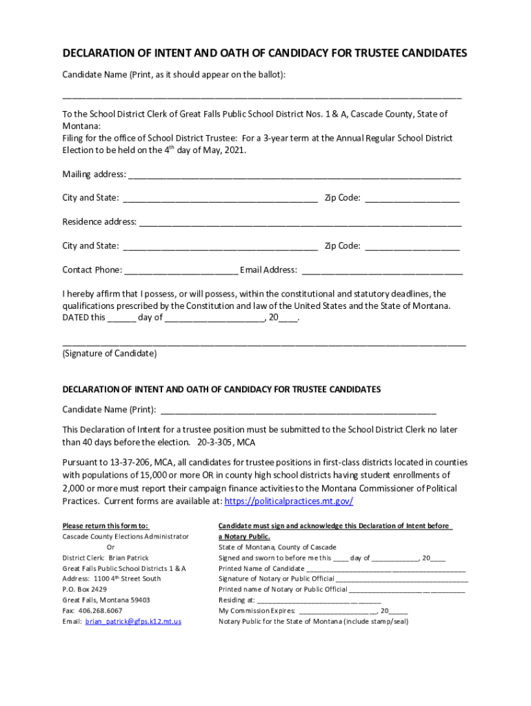 Fillable Online DECLARATION OF INTENT AND OATH OF CANDIDACY FOR TRUSTEE ... Fax Email Print ...