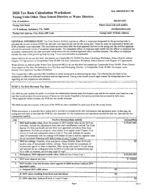 Fillable Online 2020 Tax Rate Calculation Worksheet Date: 08/05/2020 05 ...