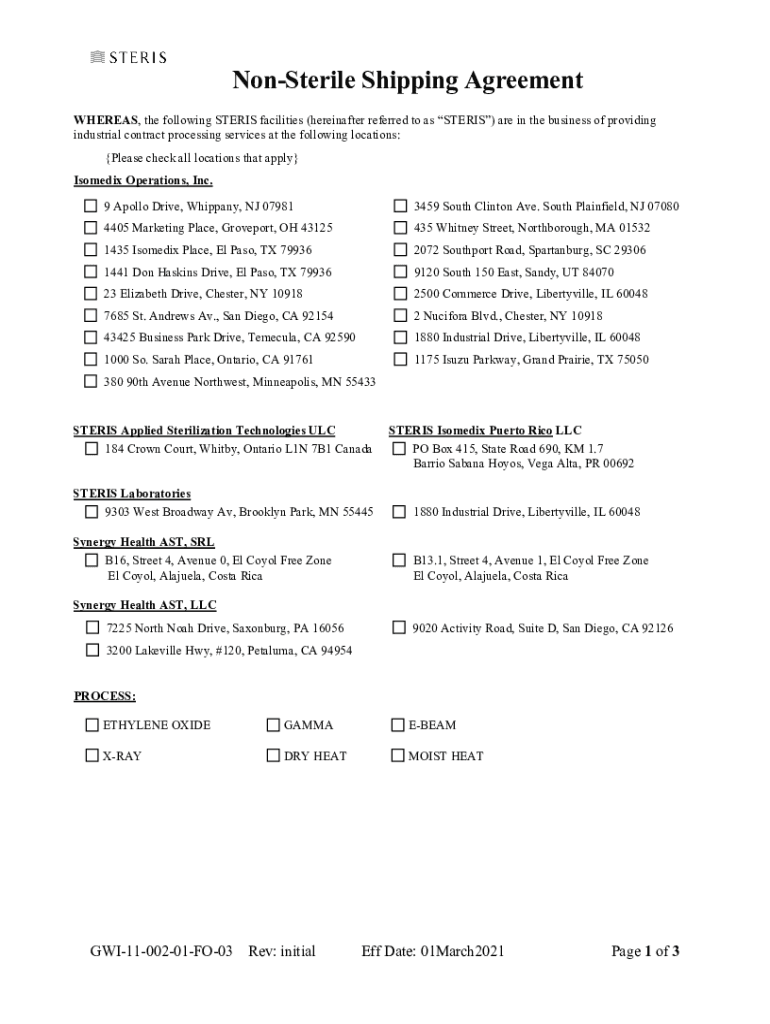 Fillable Online Non-Sterile Shipping Agreement - Fill and Sign ...