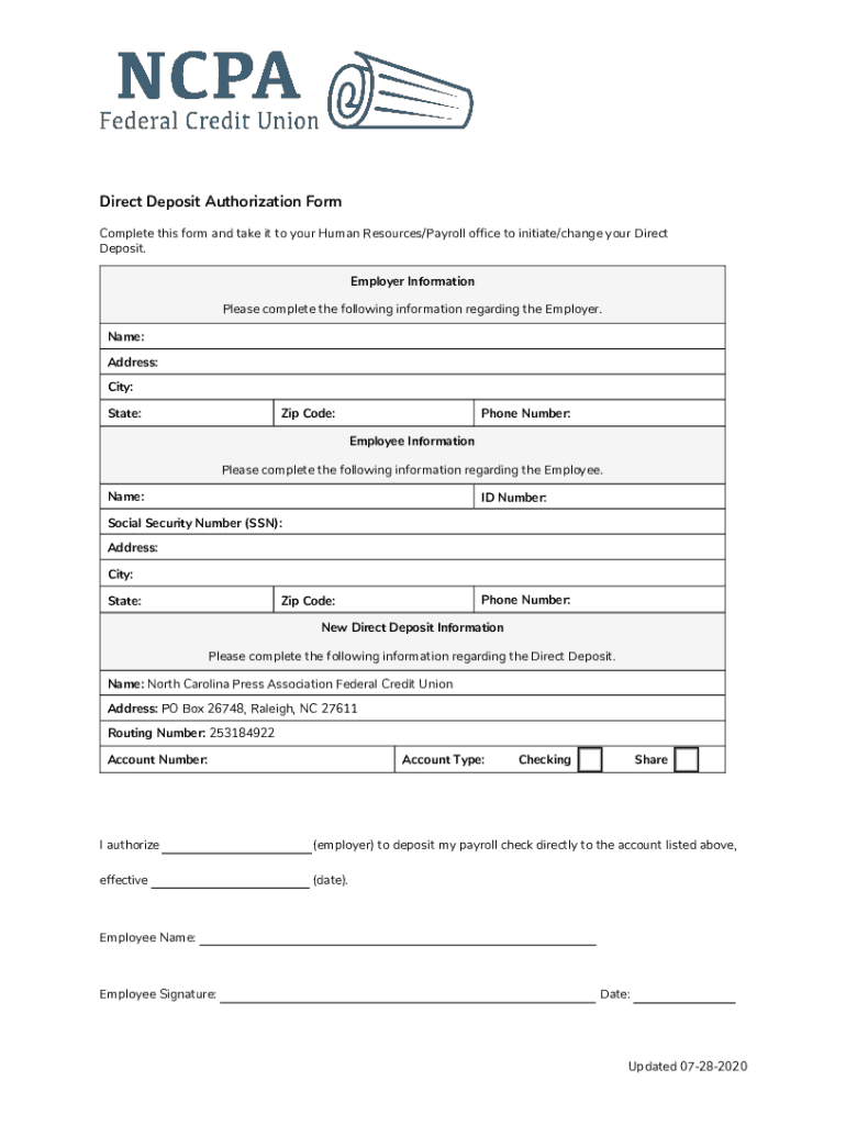 Fillable Online Direct Deposit Authorization Form - NCPAFCU. Direct ...