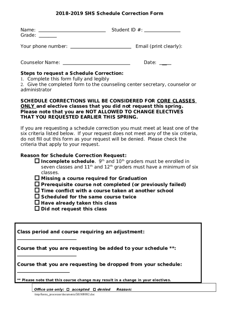 2018-2019 SHS Schedule Correction Doc Template | pdfFiller