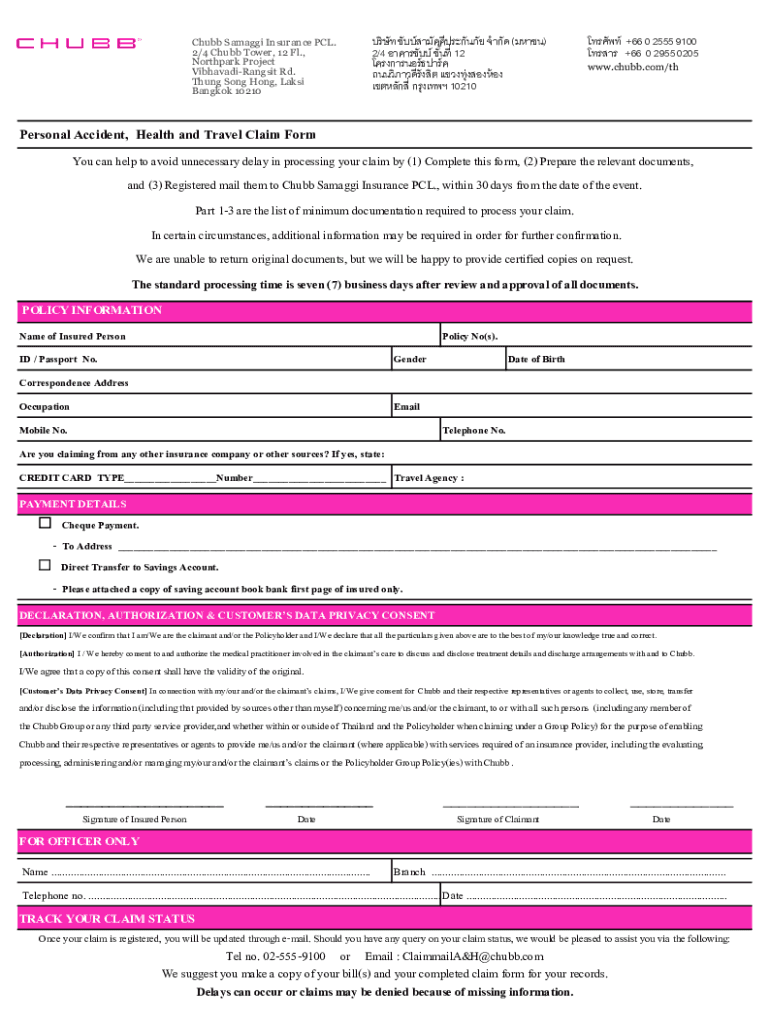Fillable Online Chubb Samaggi Insurance PCL. Customer Service ...