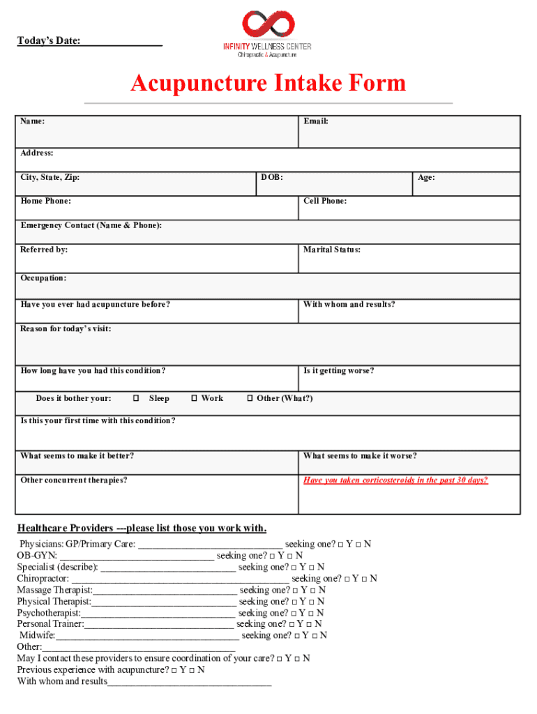 Fillable Online Acupuncture Intake Form - Chiropractic Care ...