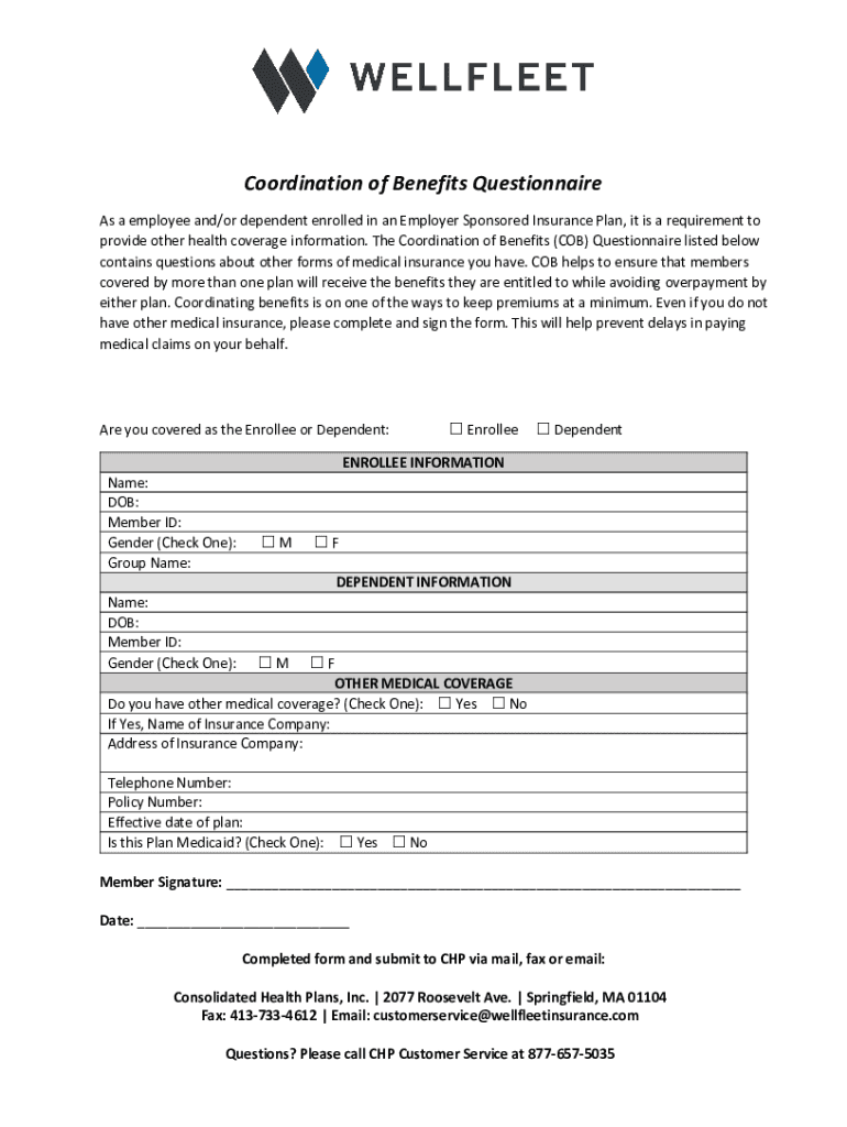 Fillable Online Coordination of Benefits Questionnaire - Wellfleet ...