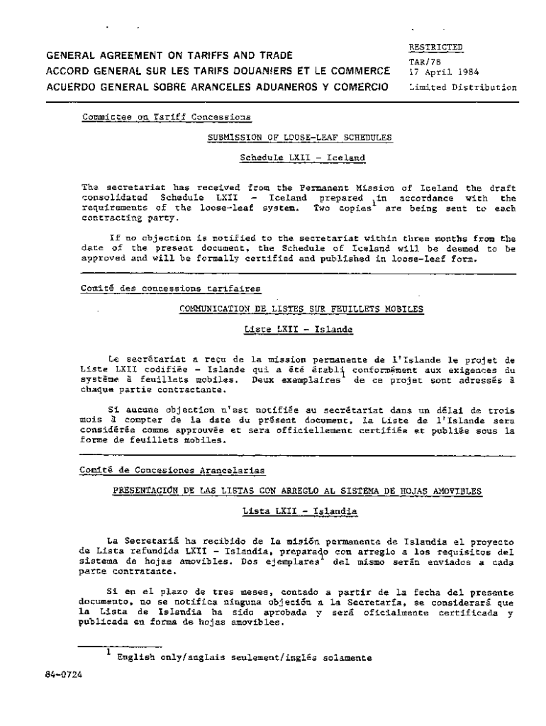 Fillable Online GENERAL AGREEMENT ON TARIFFS AND TRADE RESTRICTED ...