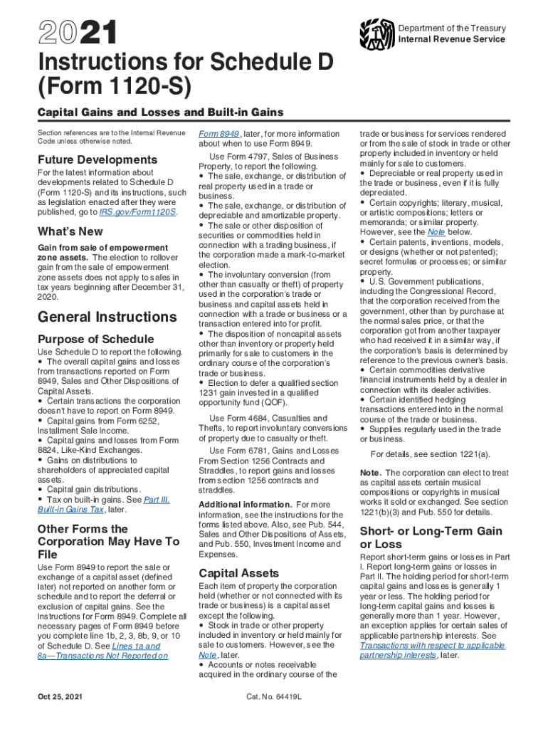 Fillable Online www.irs.govpubirs-pdf2021 Schedule D (Form 1120-S ...