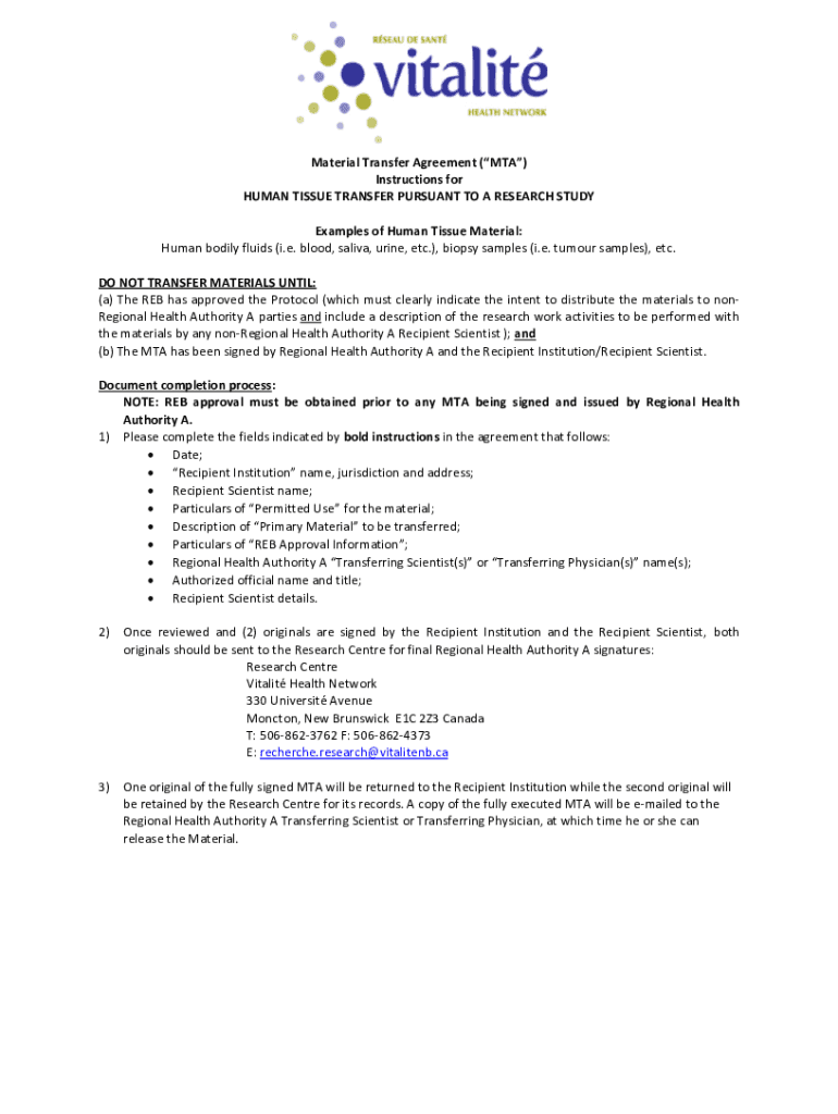 Fillable Online Template: Material Transfer Agreement (MTA) for Human ...