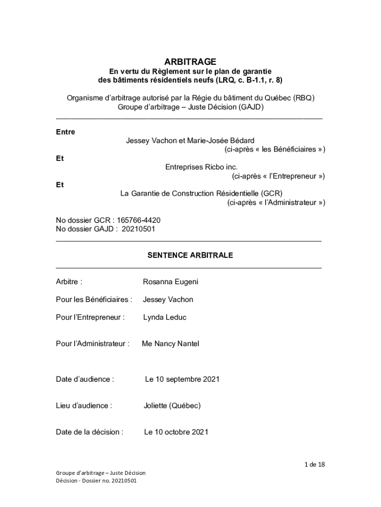 Fillable Online Arbitrage dcision 20211010Vachon Bedard Ricbo GCR signe.docx Fax Email Print ...