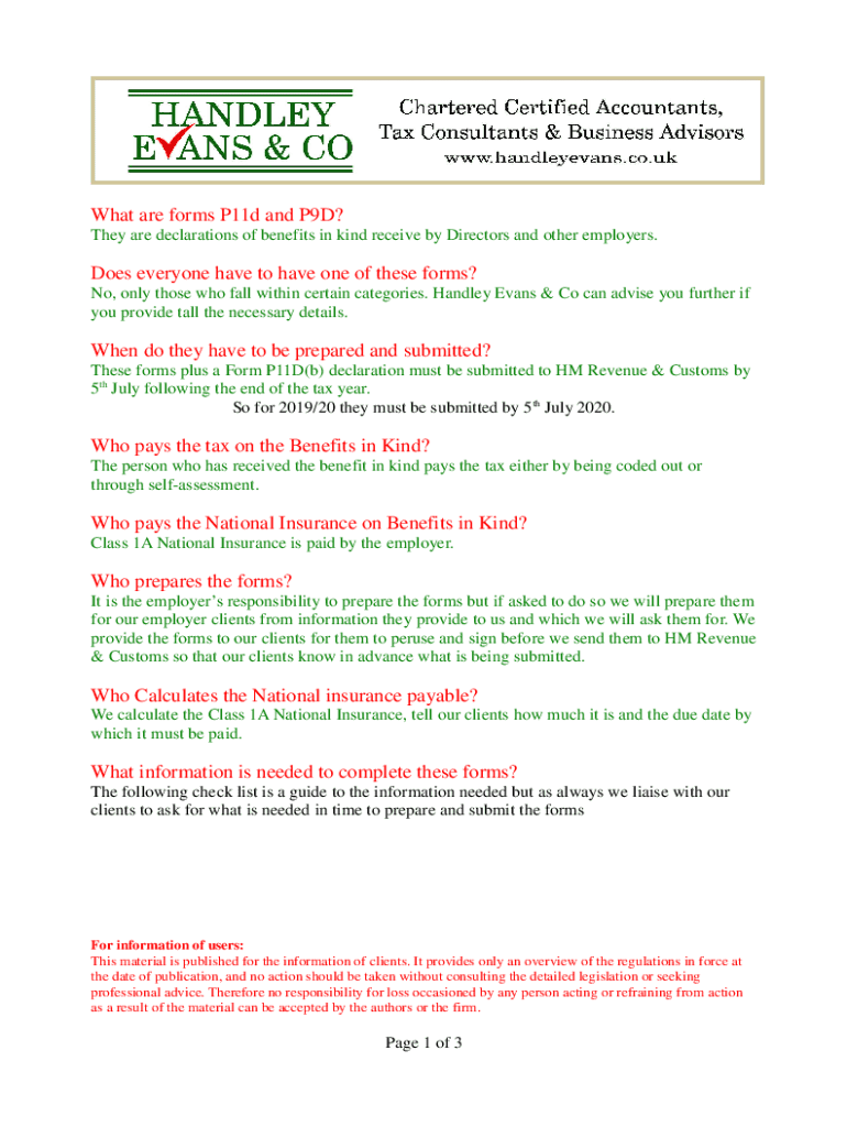 Fillable Online handleyevans.co.ukp11d2020What are forms P11d and P9D ...