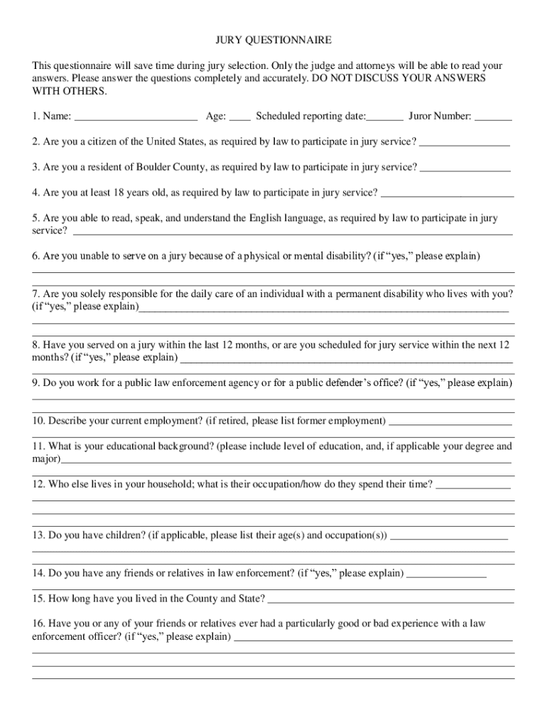 Fillable Online Jury Questionnaire Frequently Asked Questions DO NOT ...