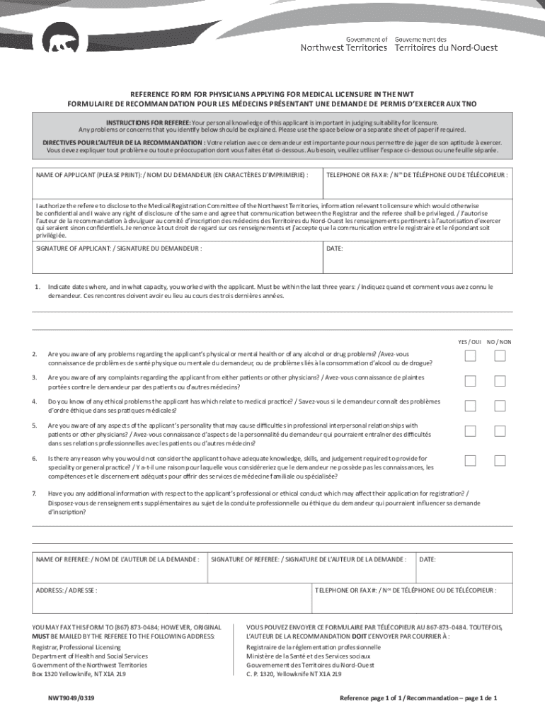 Fillable Online Fillable Online Reference form for Physicians applying ...