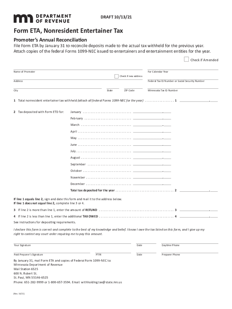 Fillable Online Form ETA Fillable Nonresident Entertainer Tax: Promoter ...