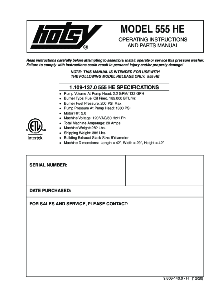 Fillable Online Hotsy 555SS Operating Instructions And Parts Manual Fax ...