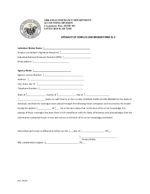 Fillable Online AFFIDAVIT OF SURPLUS LINE BROKER FORM SL-2 - Arkansas ...