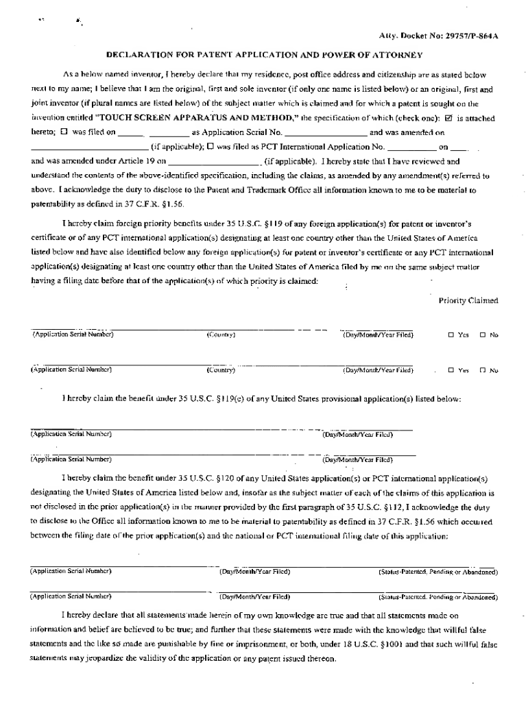 Fillable Online DECLARATION FOR PATENT APPLICATION AND POWER OF ...