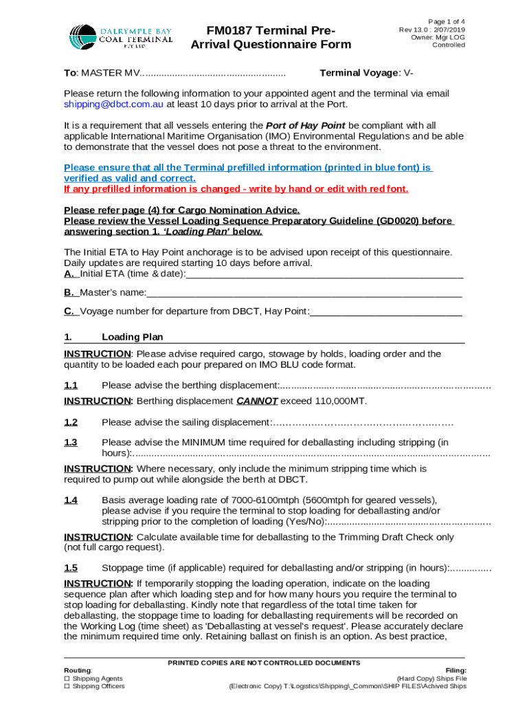 Terminal Pre-Arrival Questionnaire Doc Template | pdfFiller