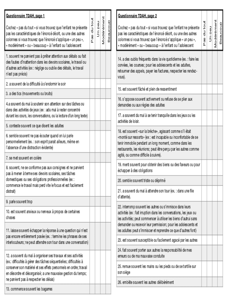 Fillable Online Questionnaire TDAH, page 1 Questionnaire TDAH, page 2 ...