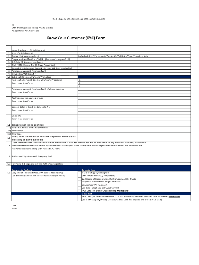 Fillable Online Know Your Customer (KYC) Form - APL Fax Email Print ...