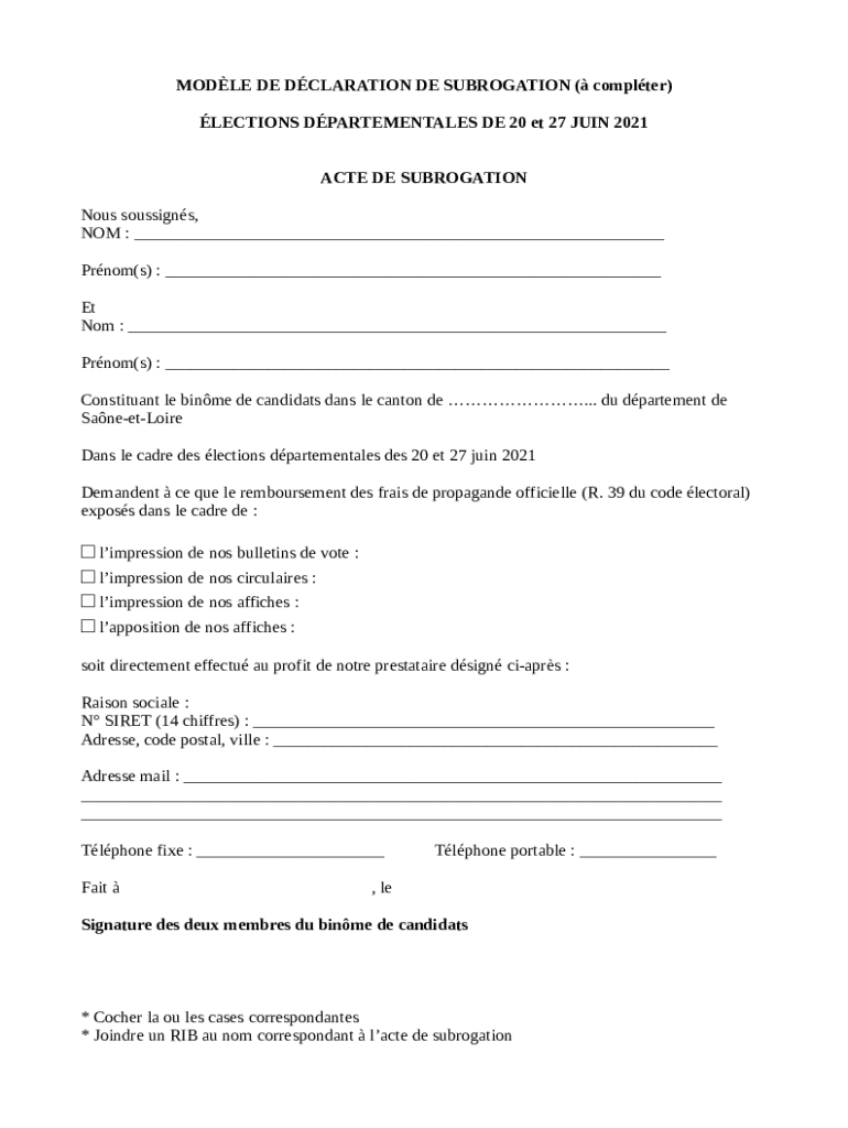 Fillable Online ANNEXE 7 : MODELE DE DECLARATION DE SUBROGATION A ...