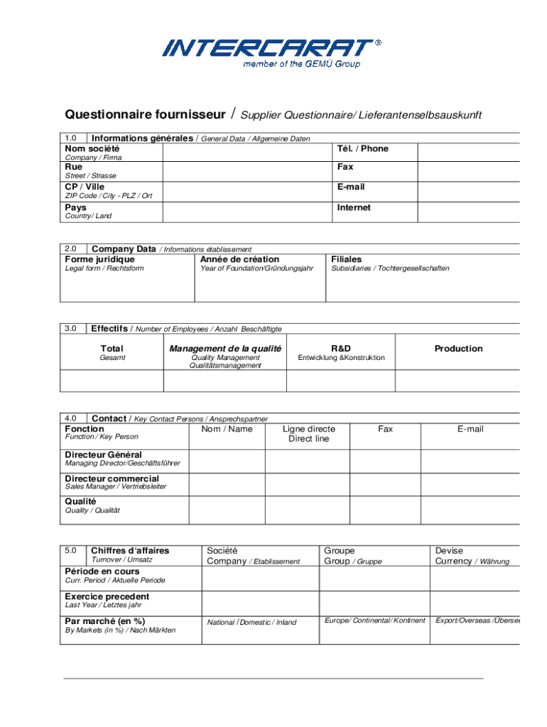 Fillable Online Fillable Online Supplier Questionnaire ... Fax Email ...
