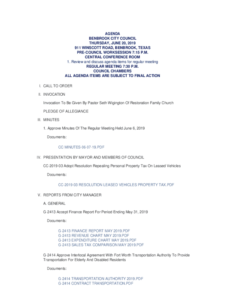 Fillable Online I. CALL TO ORDER II. INVOCATION ALL ... - ci.benbrook ...