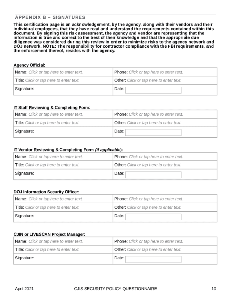 CJIS SECURITY POLICY QUESTIONNAIRE. CIVIL AGENCIES Doc Template | pdfFiller