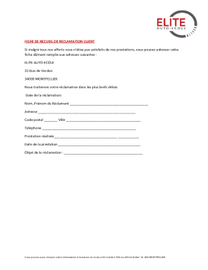 Fillable Online FICHE DE RECUEIL DE RECLAMATION CLIENT Fax Email Print ...