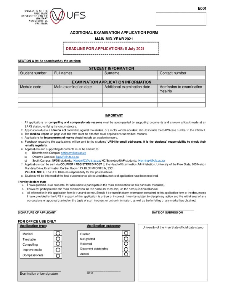Fillable Online E001 ADDITIONAL EXAMINATION APPLICATION FORM MAIN MID ...
