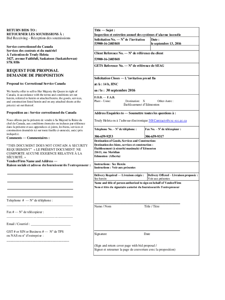 Fillable Online RETURN BIDS TO : Title Sujet:RETOURNER LES SOUMISSIONS ... Fax Email Print ...