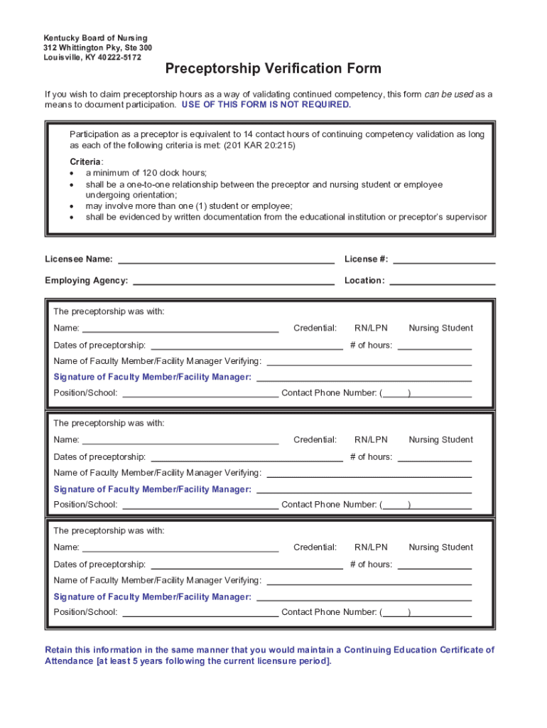 Fillable Online kbn ky Preceptorship Verification Form Fax Email Print ...