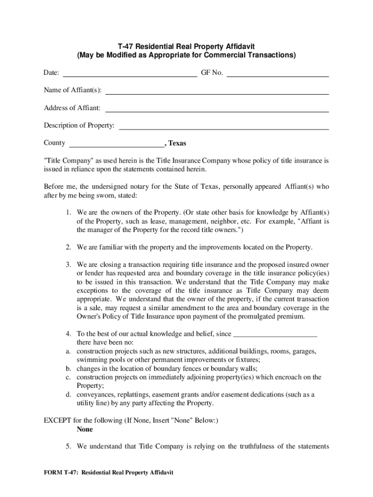 Fillable Online T-47 Residential Real Property Affidavit (May be ...