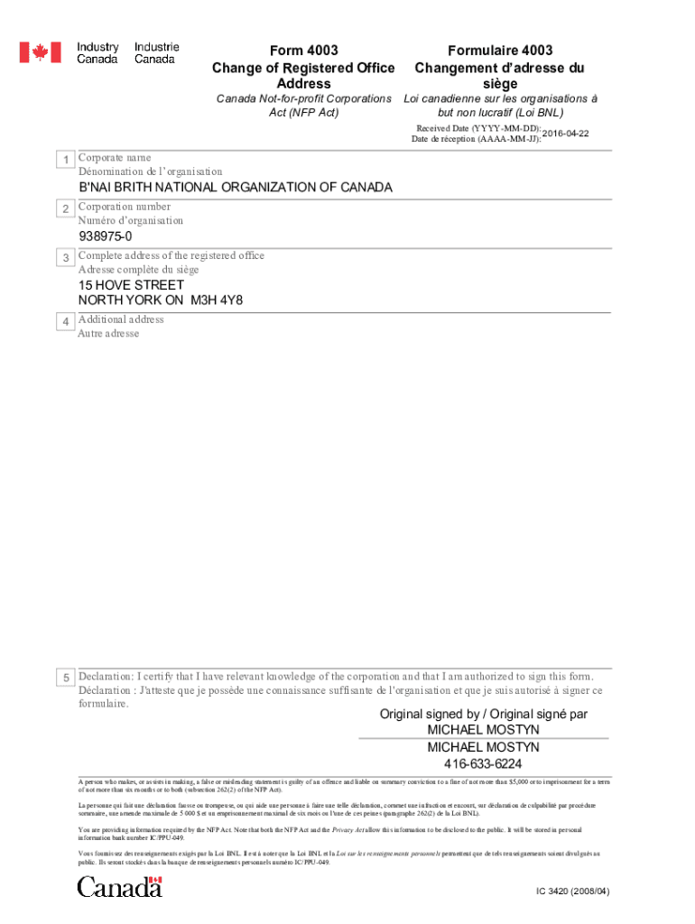 Fillable Online Form 4003 Formulaire 4003 Change of Registered Office ...
