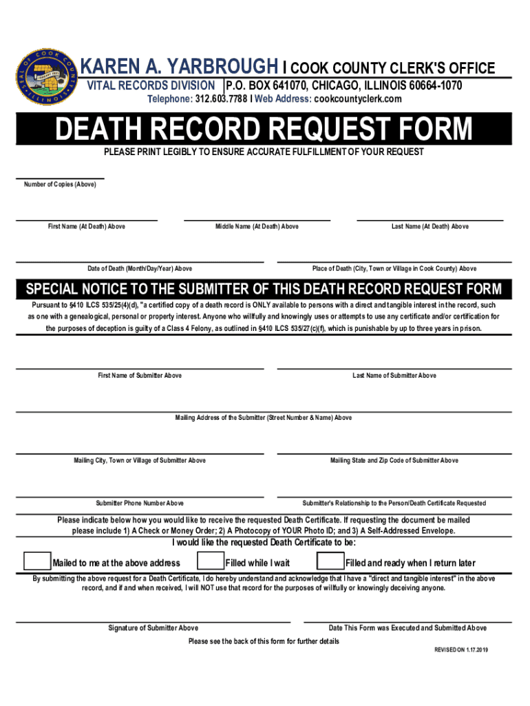 Fillable Online BIRTH RECORD REQUEST FORM - Cook County Clerk's Office ...