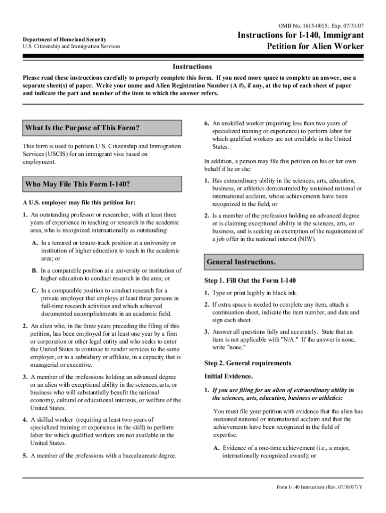 Fillable Online OMB No. 1615-0015; Exp. 07/31/07 Instructions for I-140 ... Fax Email Print ...