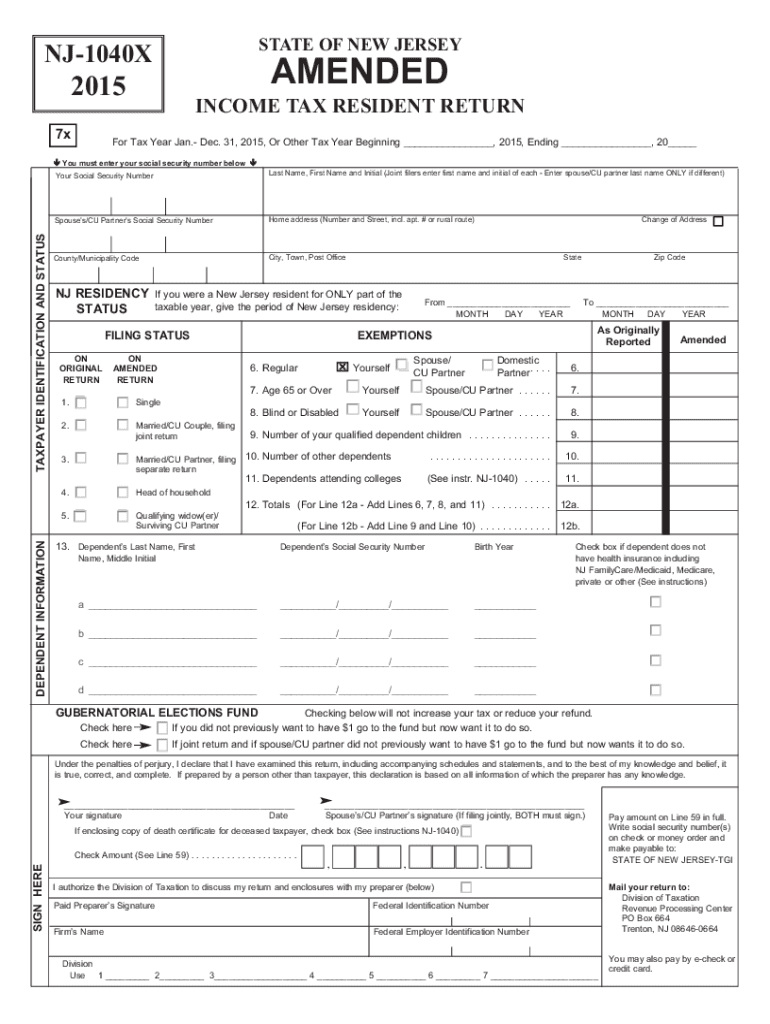 Fillable Online NJ-1040X - Amended Resident Return Form - State Fax ...