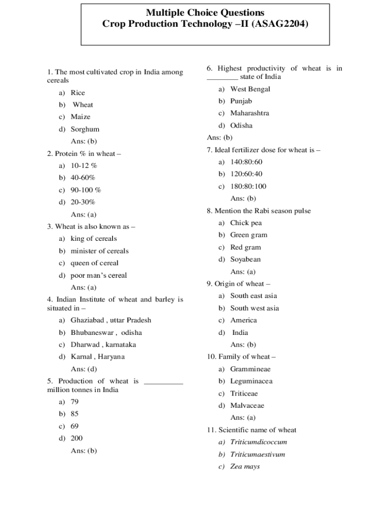 Fillable Online Multiple Choice Questions Crop Production Technology II ...